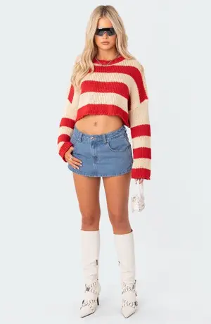 EDIKTED Ozzy Stripe Crop Sweater - Red