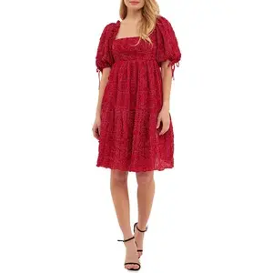 English Factory Gingham Crinkled Flounce A-line Dress - Burgundy