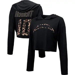 MAJESTIC THREADS Justin Herbert Los Angeles Chargers Leopard Player Name & Number Cropped Hoodie - Black