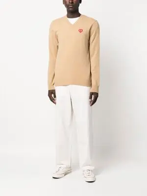 Play Comme Des Garcon Heart-patch V-neck Sweater - Neutrals