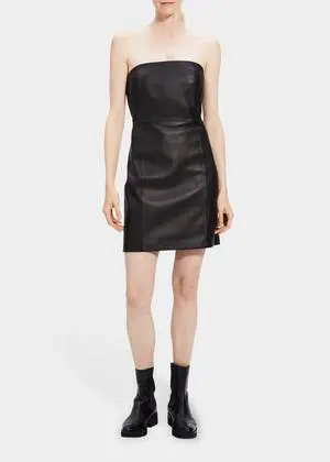 Theory Strapless Leather Mini Dress - Black