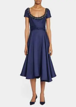 Reem Acra Fit-And-Flare Jeweled Neck Dress In Navy - 60% Off | Editorialist
