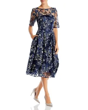 Eliza J Short Sleeve Illusion Yoke Dress - Navy