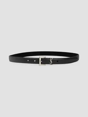 Saint Laurent Cassandre Thin Belt With Square Buckle In Smooth Leather - Black