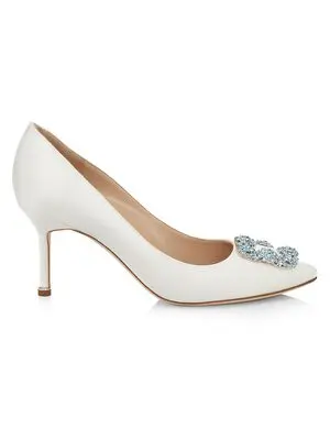 Manolo Blahnik Women's Hangisi 70MM Embellished Satin Pumps - White  - White