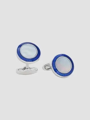 LINK UP Round Mother Of Pearl Cufflinks - Blue Silver
