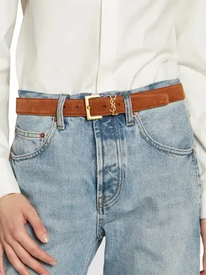 Saint Laurent Cassandre Belt With Square Buckle In Suede - Brick