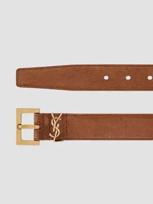 Saint Laurent Cassandre Belt With Square Buckle In Suede - Brick