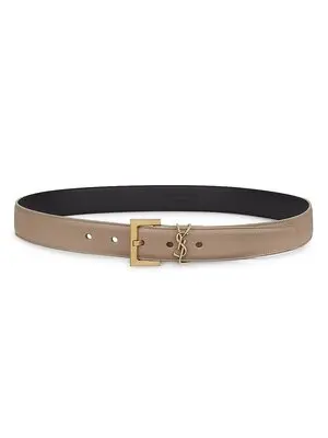 Saint Laurent Cassandre Belt With Square Buckle In Grained Leather Beige