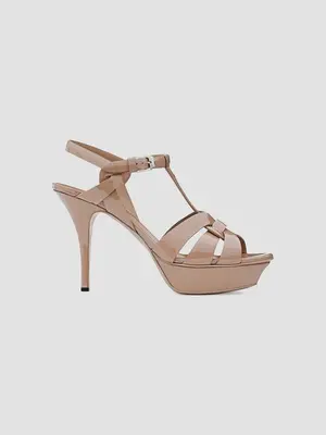 Saint Laurent Tribute Platform Sandals In Patent Leather Beige