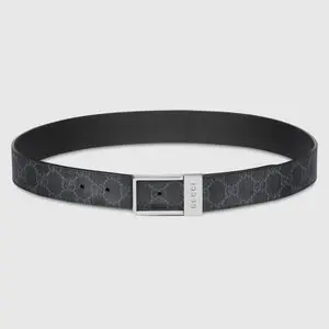 Gucci Gg Supreme Canvas Belt With Rectangular Buckle - Black