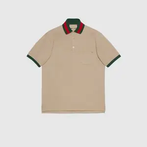 Gucci Cotton Piquet Polo With Web Collar, Beige