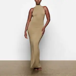 SKIMS Smooth Lounge Low Back Halter Dress - Khaki