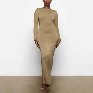 knee length dresses for ladies Green Bodycon Dress Long Sleeve Collared Rib