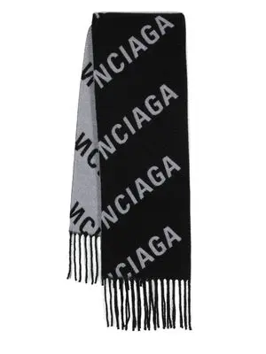 Balenciaga Fringed Jacquard-logo Scarf - Black