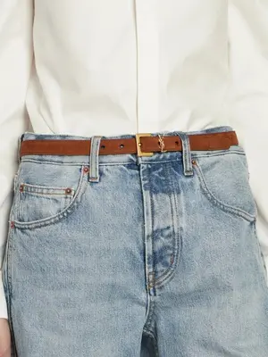 Saint Laurent Cassandre Thin Belt With Square Buckle In Suede