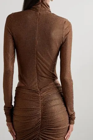 LAQUAN SMITH Crystal-embellished Stretch-tulle Turtleneck Bodysuit