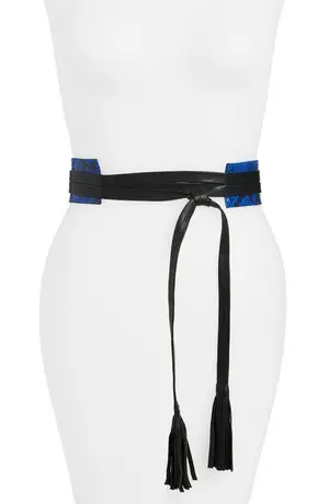 RAINA BELTS Tassel Leather Wrap Belt - Black/blue Snake