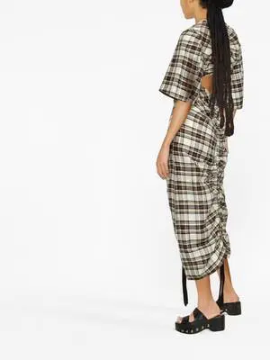 GANNI Ruched Plaid Midi Dress