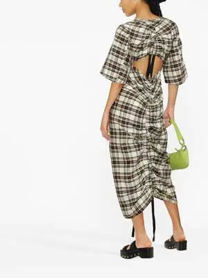 GANNI Ruched Plaid Midi Dress