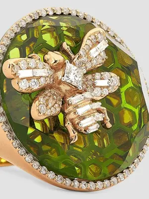 BEE GODDESS Honey 14k Rose Gold Topaz & 0.06 Tcw Diamond Honeycomb Ring
