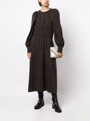 Goen.j Ruched Puffed-sleeve Midi Dress - Brown
