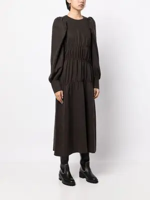 Goen.j Ruched Puffed-sleeve Midi Dress - Brown