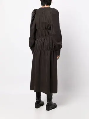 Goen.j Ruched Puffed-sleeve Midi Dress - Brown