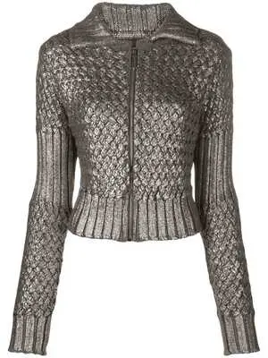 Alberta Ferretti Zip-front Metallic Knit Cardigan