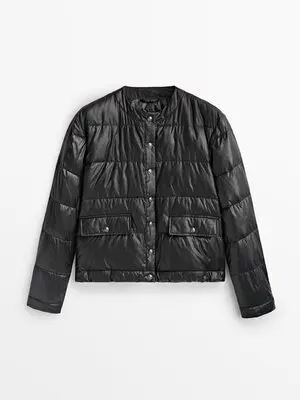 Massimo Dutti Cropped Puffer Jacket With Buttons - Black