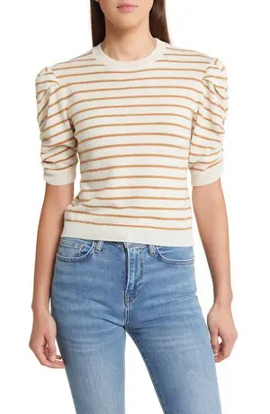 FRAME Stripe Ruched Sleeve Cashmere Sweater