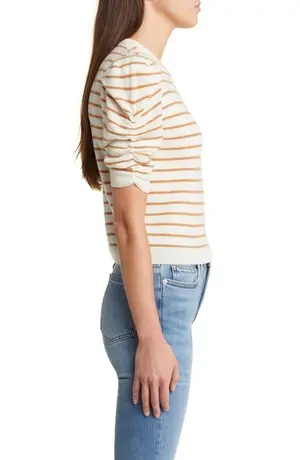 FRAME Stripe Ruched Sleeve Cashmere Sweater