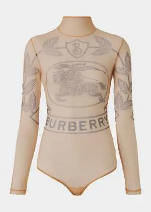 Burberry Printed Tulle Mock-Neck Bodysuit - Ink Navy Ip Pat