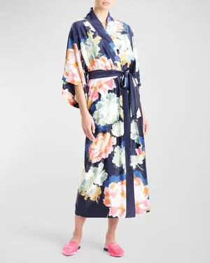 Natori Hanami Long Floral-print Satin Robe - Midnight Navy