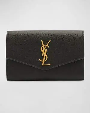 Saint Laurent Uptown Wallet On Chain In Grained Leather - Black