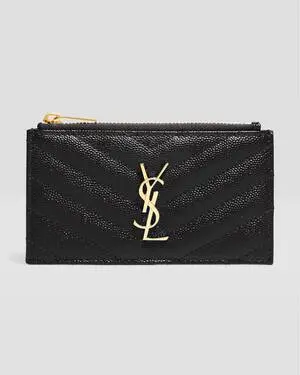 Saint Laurent Monogram Small Ziptop Card Case In Grained Leather - Black