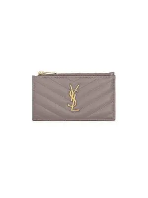 Saint Laurent Cassandre Matelassé Zipped Card Case In Leather Fog