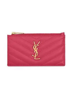 Saint Laurent Cassandre Matelassé Zipped Card Case In Leather Fuxia Couture