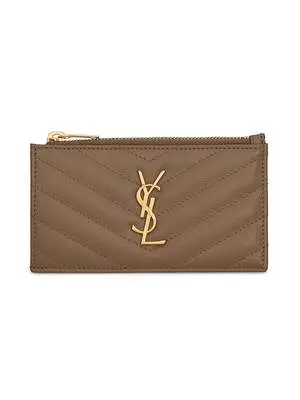 Saint Laurent Cassandre Matelassé Zipped Card Case In Leather Taupe
