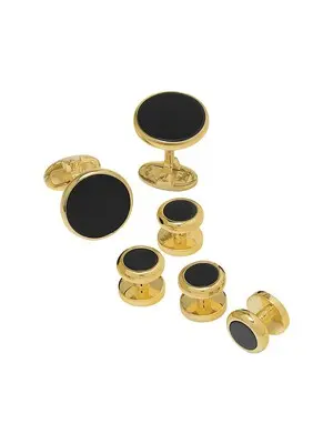 JAN LESLIE Sterling Silver & Onyx Cufflinks Set Onyx Gold