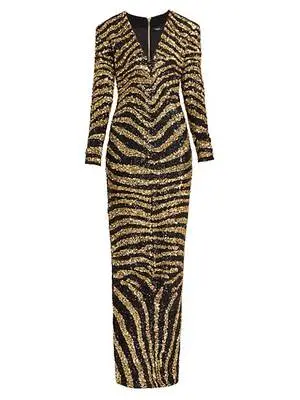 Balmain Women's Embroidered Zebra-Pattern Gown - Black Gold  - Black Gold