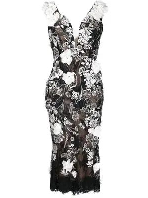 Marchesa Floral-appliqué Midi Dress - Black