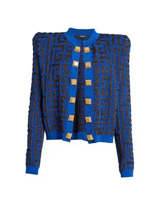 Balmain Women's Side-To-Side Monogrammed Pharaon Jacket - Electric Blue Black  - Electric Blue Black