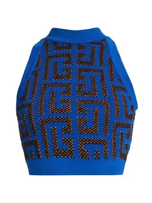 Balmain Women's Pharaon Monogrammed-Knit Top - Electric Blue Black  - Electric Blue Black