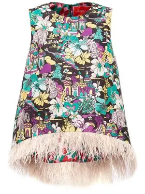 La DoubleJ La Scala Feather-trim Jacquard Top - Black
