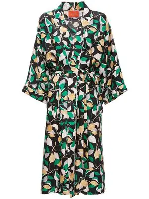 La DoubleJ Leaf Print Silk Robe - Black