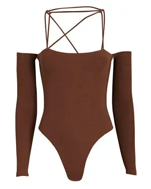 LAMA JOUNI Cut-out Ribbed Cotton Bodysuit - Brown