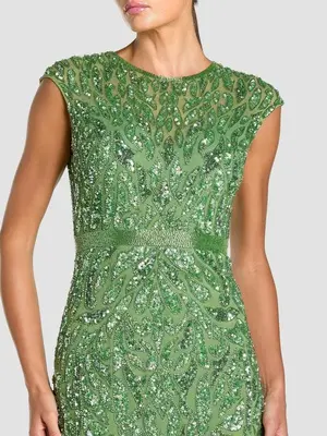 Mac Duggal Embellished Illusion Cap-sleeve Column Gown