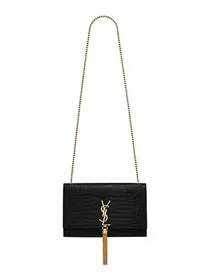 Saint Laurent Kate Medium Chain Bag With Tassel In Crocodile-embossed Shiny Leather Nero