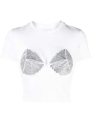 AREA Embellished Cup-detail Cropped T-shirt - White